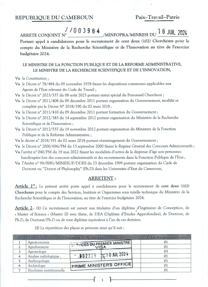 Recrutement de cent deux (102) Chercheurs par le MINRESI 2024 au ...