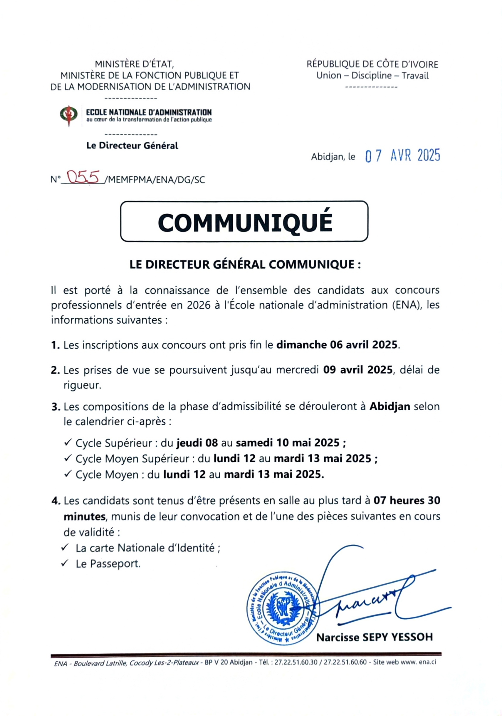 Côte d’Ivoire – Concours ENA 2026 : le calendrier officiel des ...
