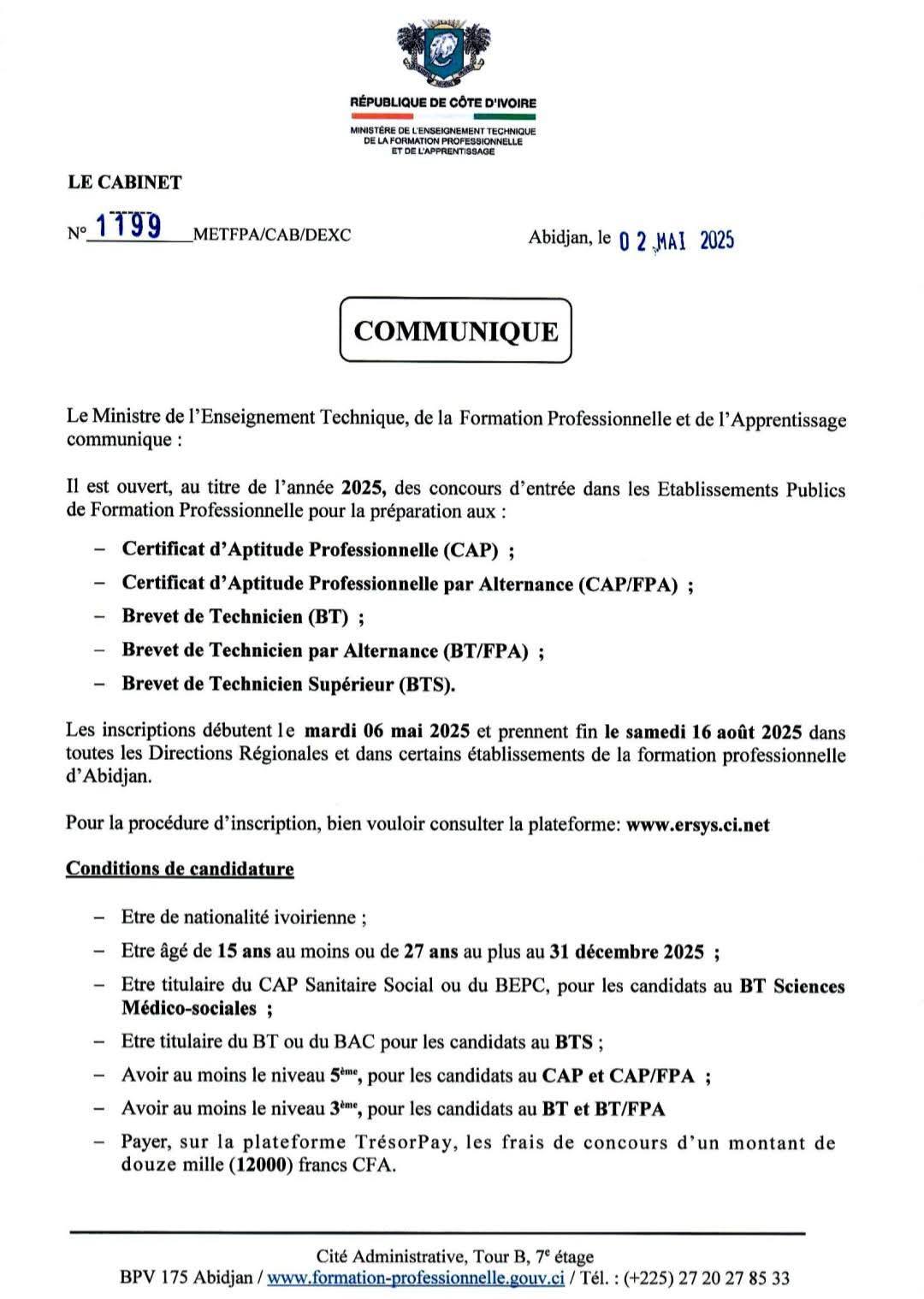 Concours d’entrée dans les établissements publics de formation ...